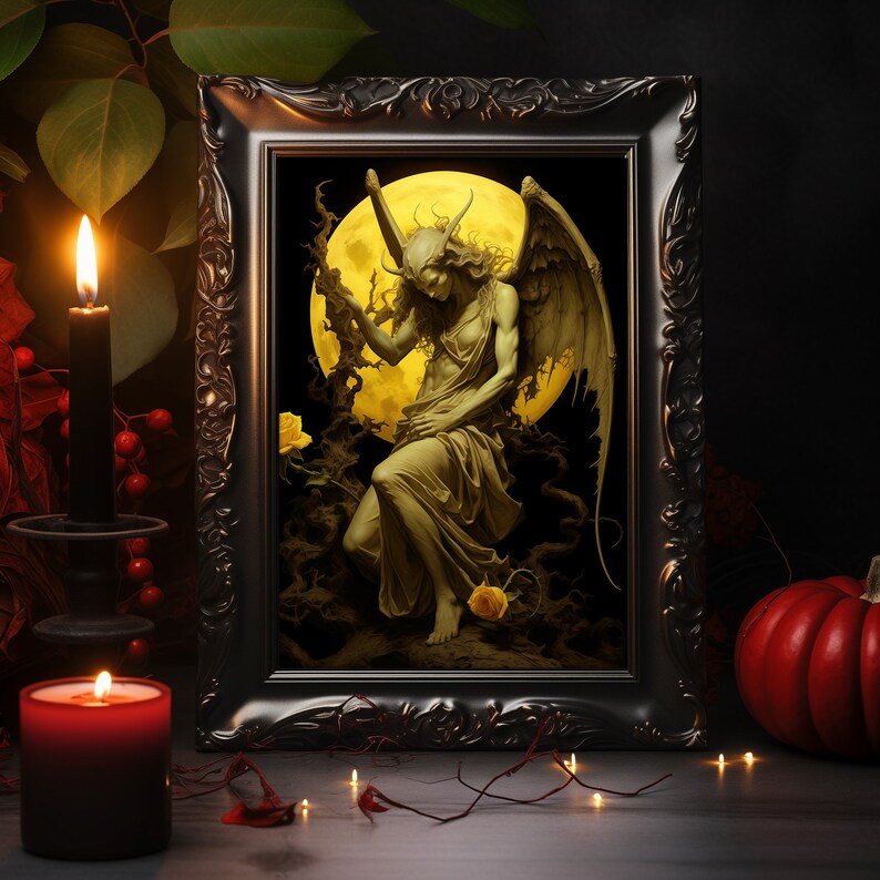 Fallen Angel Yellow Moon Art Print Fantasy Dark Academia Poster, Demon ...