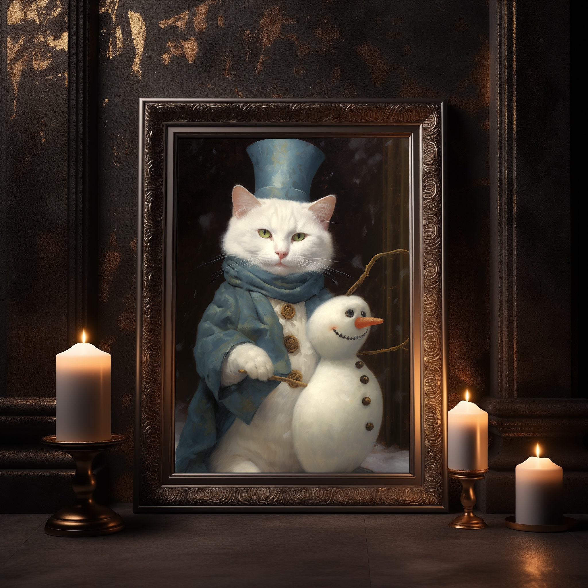 Snow Cat Art Print Winter Wonderland Decor, Cute Snowman Poster, Fancy ...