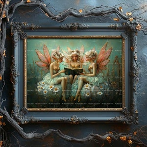 Fairies Reading Book Art Print - Fantasy, Celestial Fae Poster, Cute ...