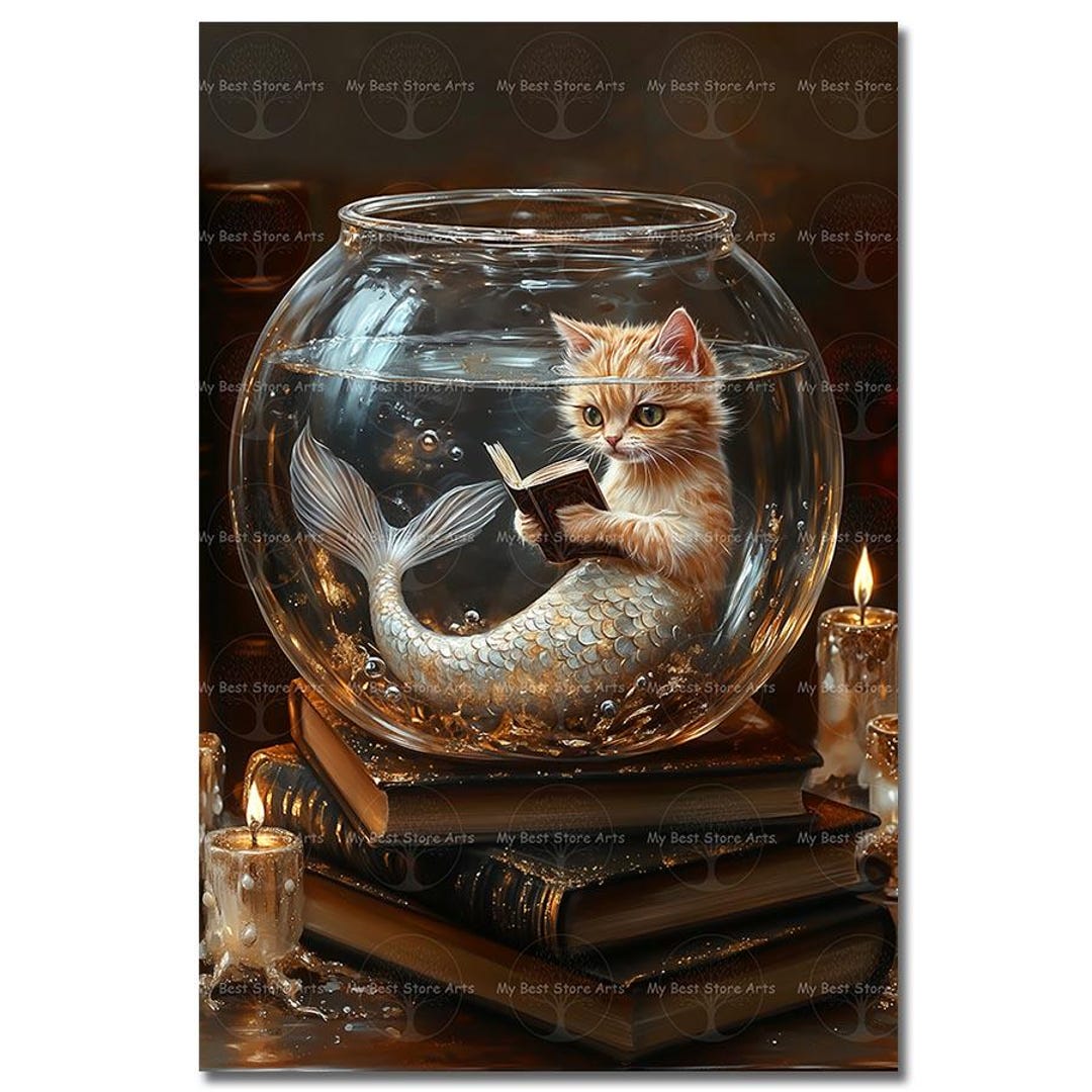 Mermaid Cat in Fishbowl Art Print - Fairytale Fantasy Wall Decor ...