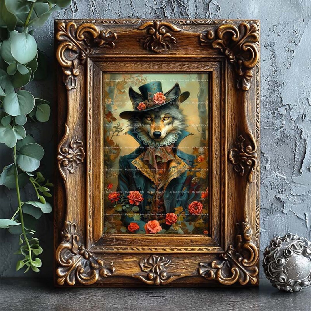 Fancy Rose Wolf Art Print Fantasy Animal in Clothes Poster, Gothic Home ...