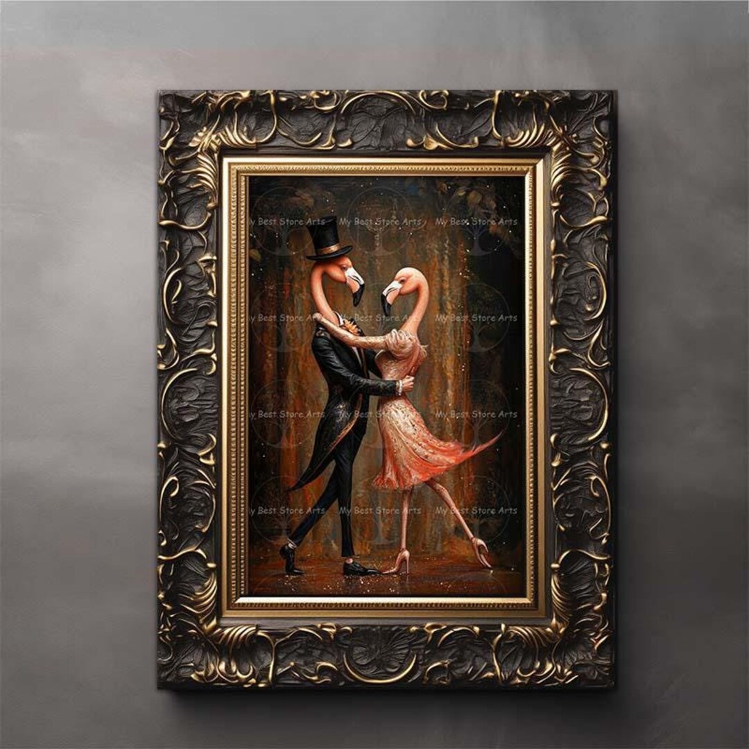Tango Dancing Flamingos Art Print - Fantasy Wall Decor, Funny Animal ...