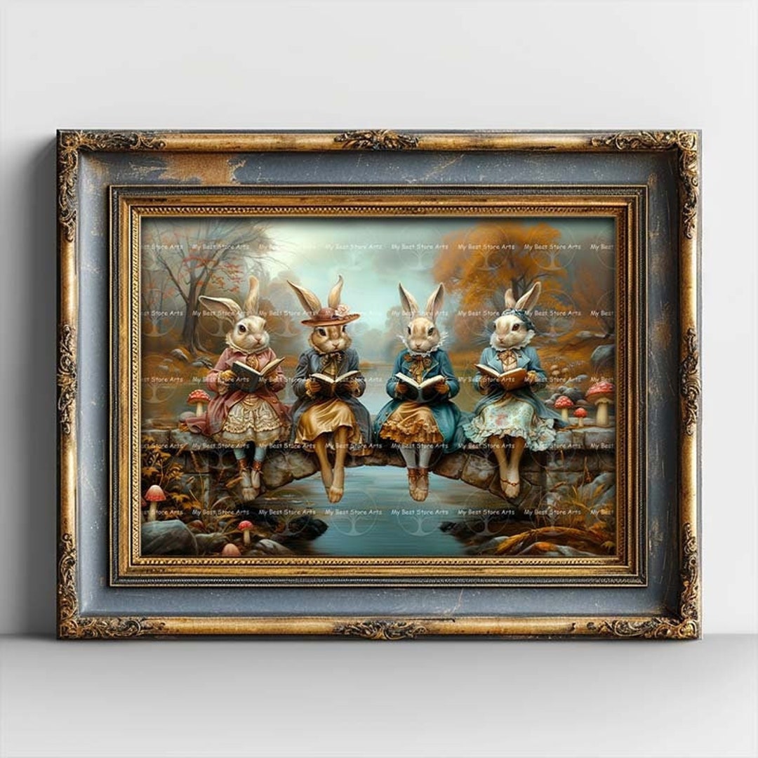 Rabbits Reading Book Art Print - Fantasy Poster, Moody Cute Wall Decor ...