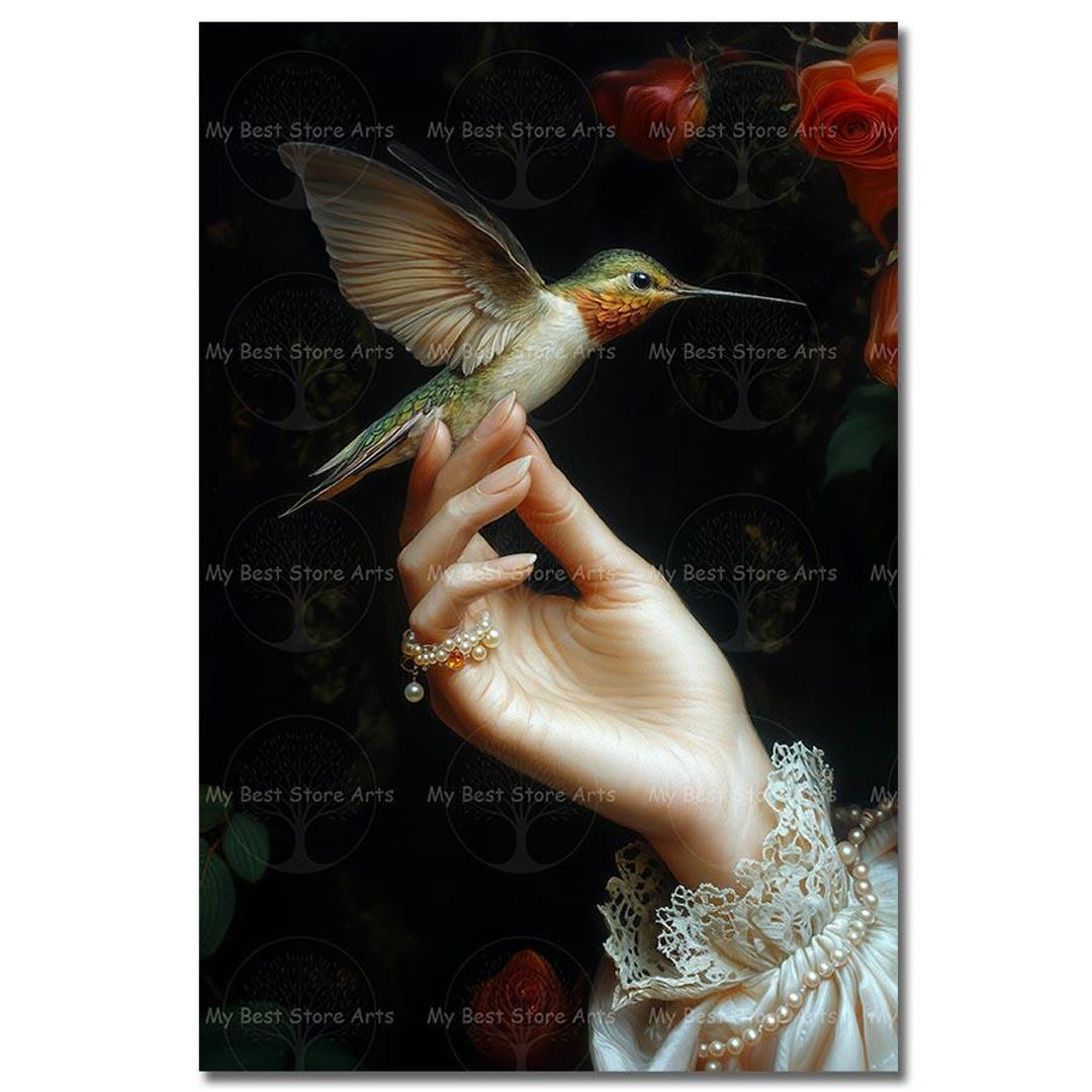 Victorian Hummingbird Art Print - Fantasy Hand Picture, Cute Moody ...