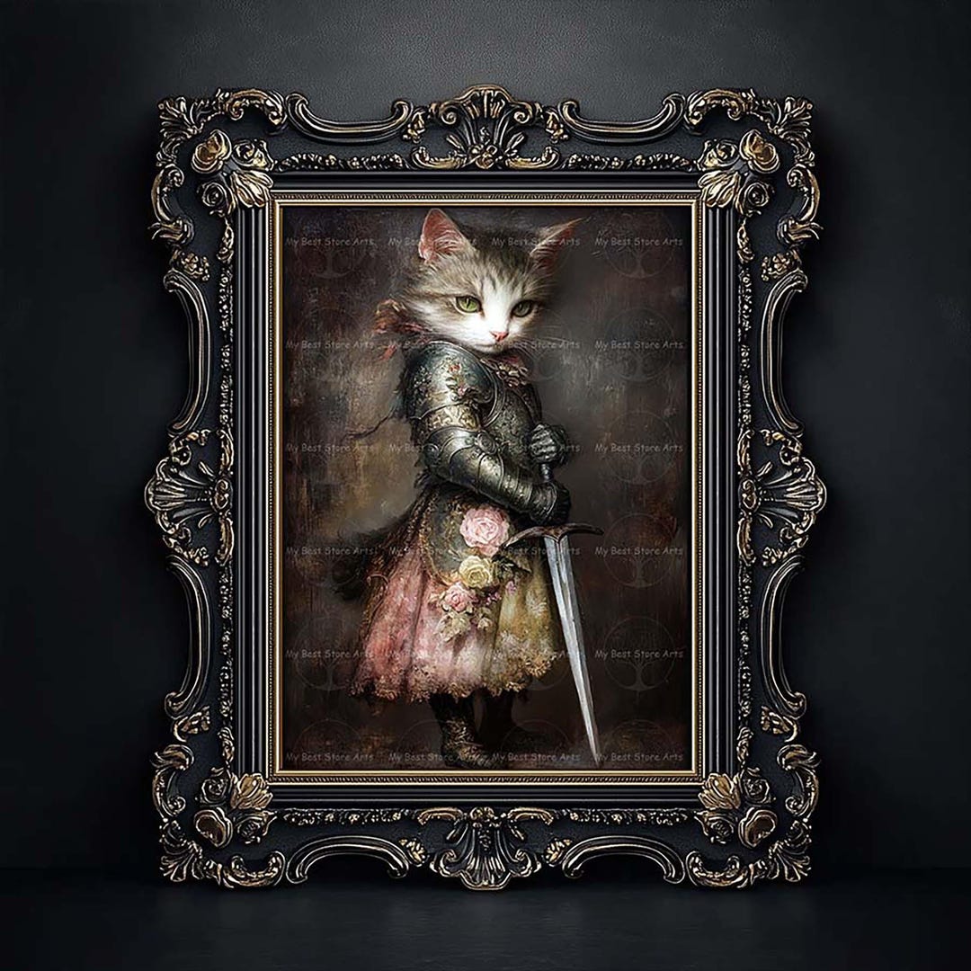 Cute Cat Knight Art Print | Fantasy Wall Decor | Funny Fairytale Animal ...