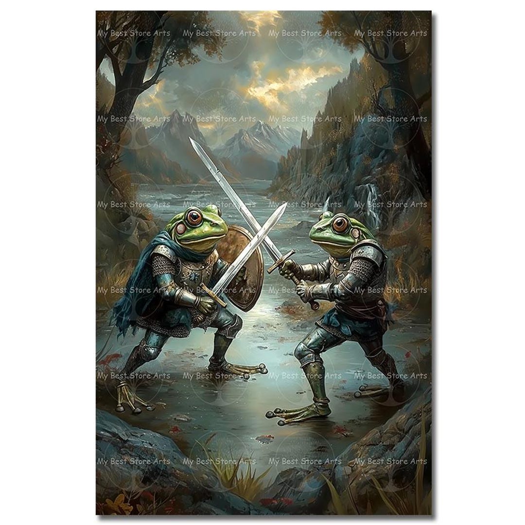 Sword Fighting Frogs Art Print - Fantasy Wall Decor, Funny Animal ...