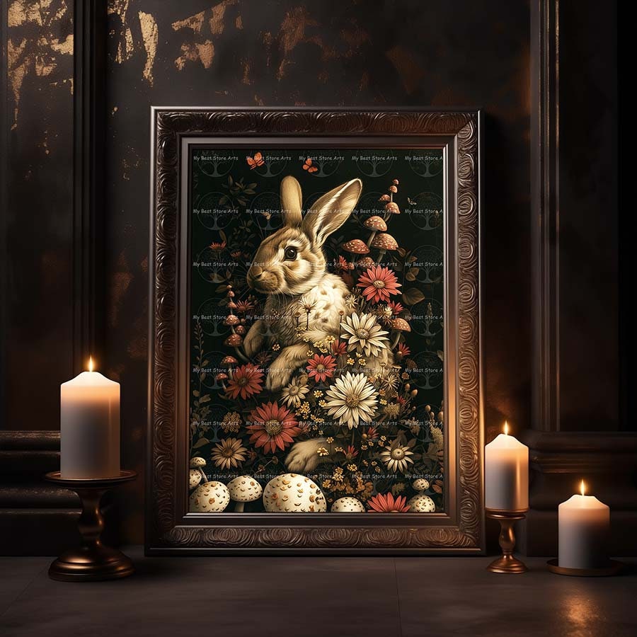Cottagecore Rabbit Art Print - Botanical Poster, Moody Flower Wall ...