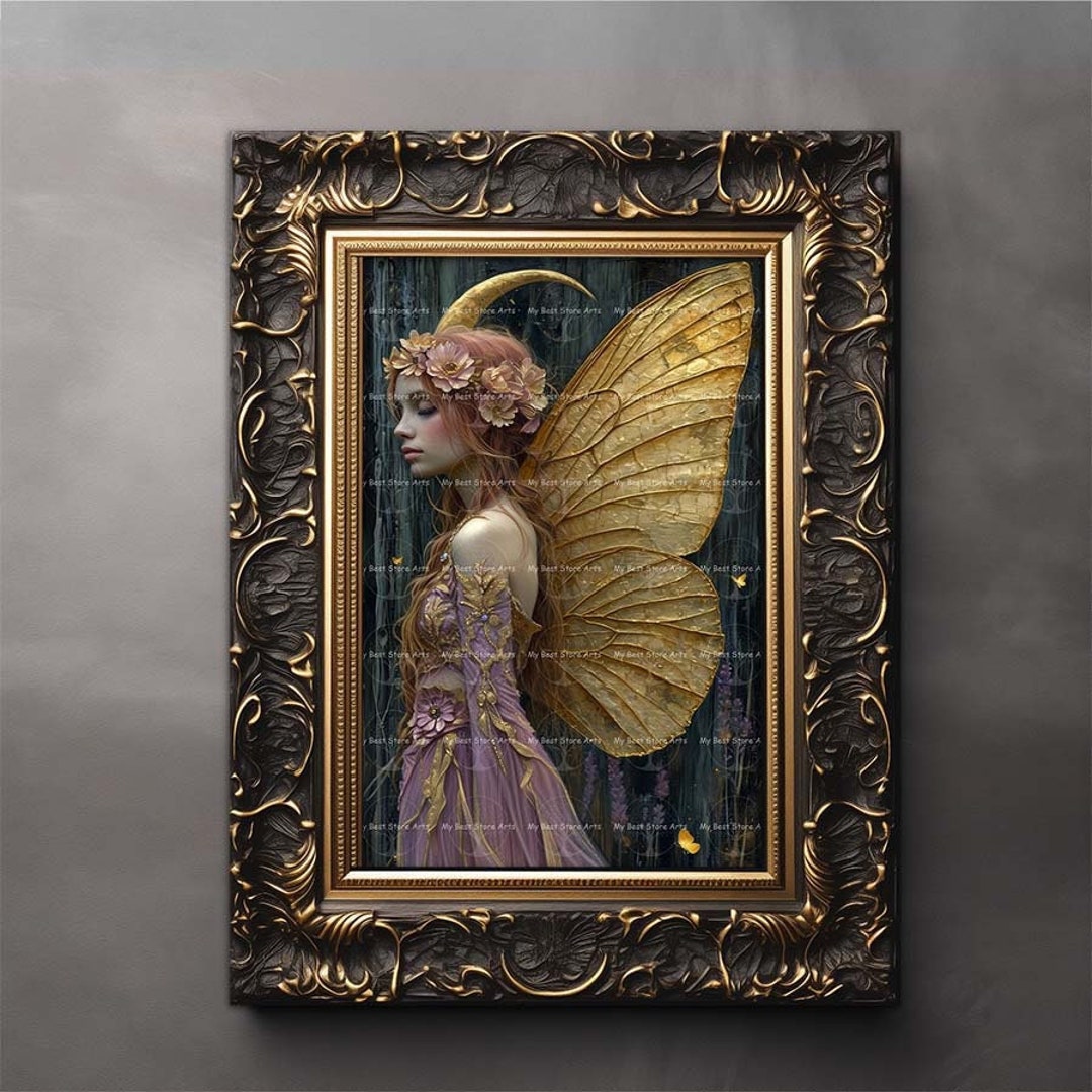 Gold Wings Fairy Art Print Fantasy Wall Decor, Cottagecore Poster ...