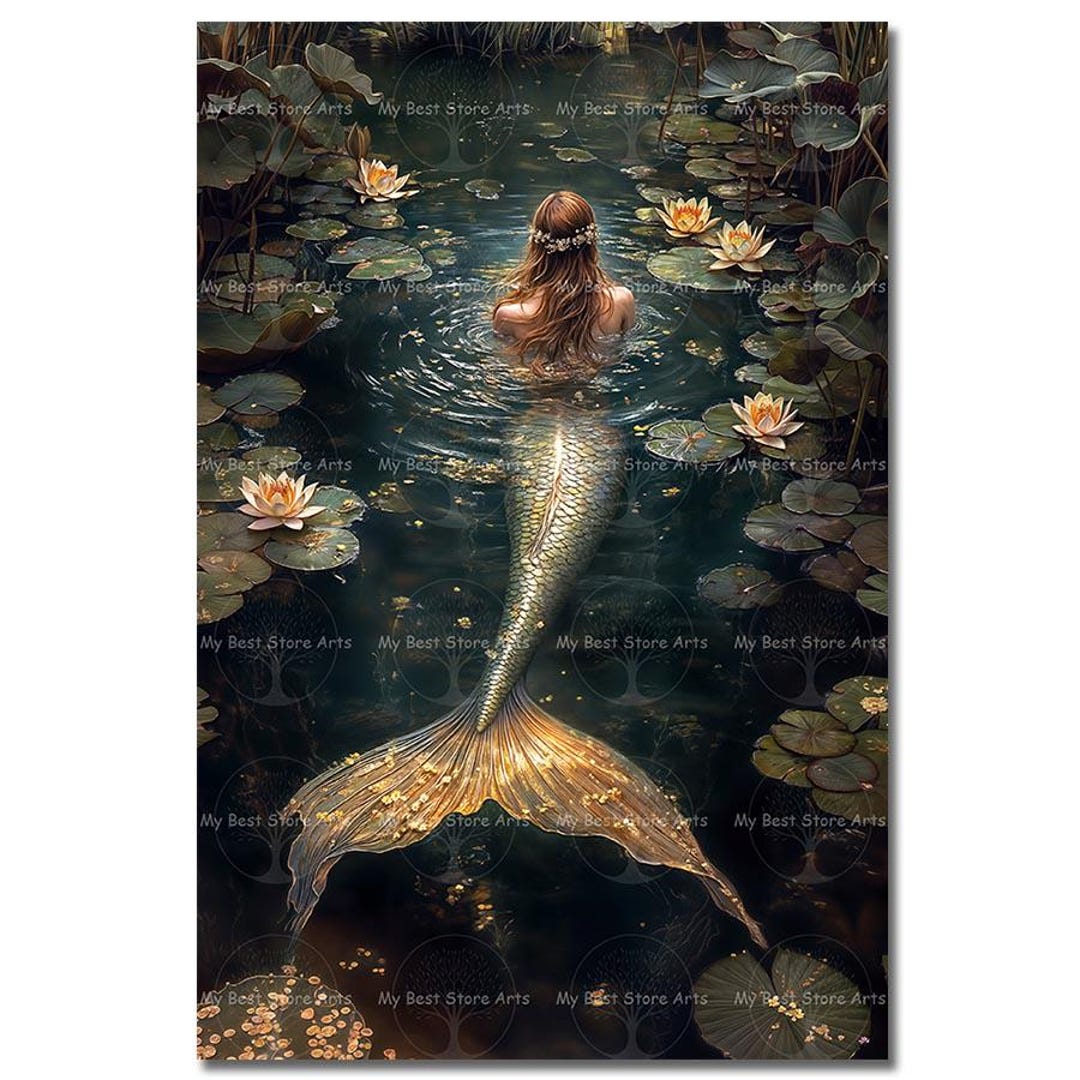 Mermaid Lake Art Print - Fantasy Pond Siren Decor, Fairytale Picture ...