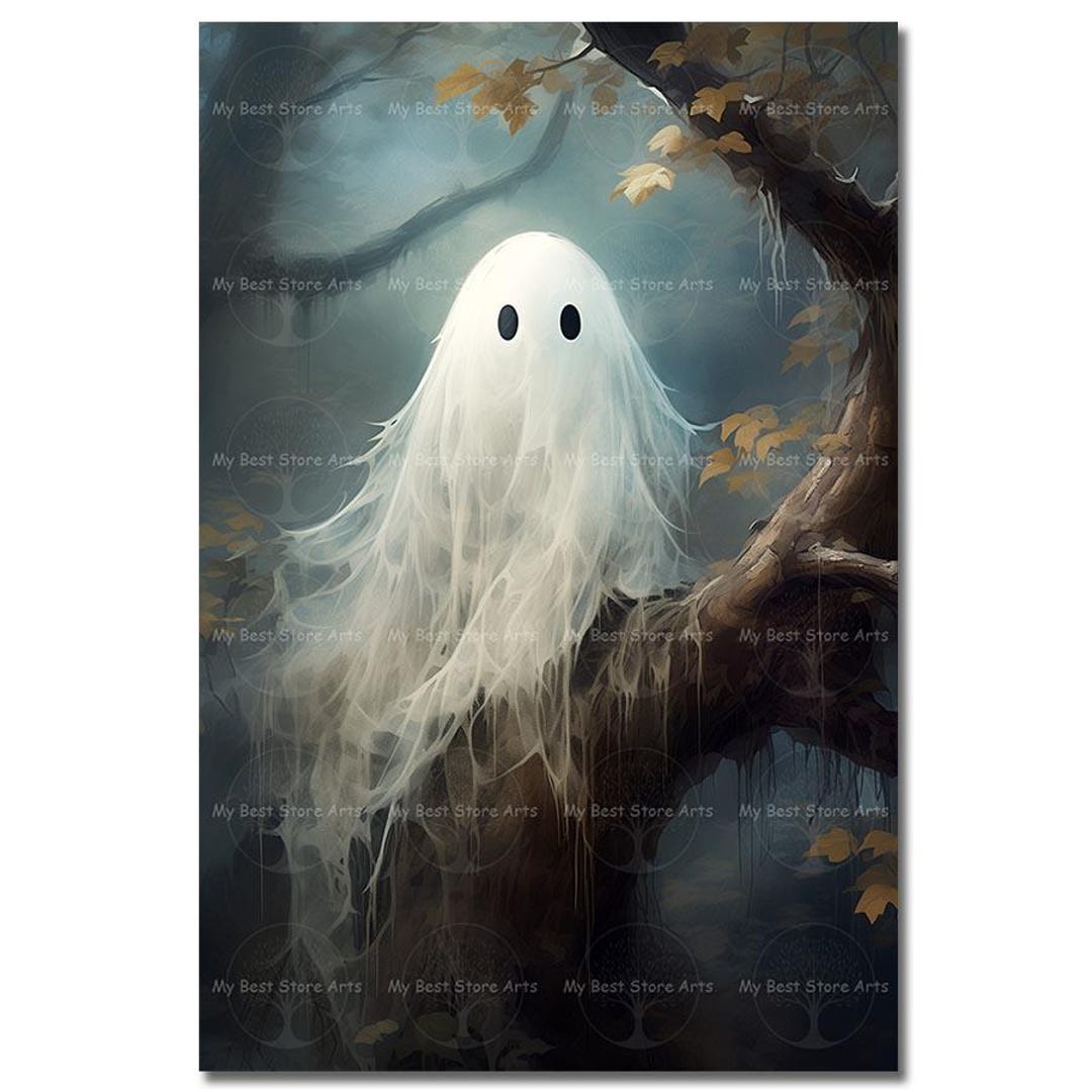 Cute Ghost in Tree Art Print - Gothic Dark Academia Poster, Halloween ...