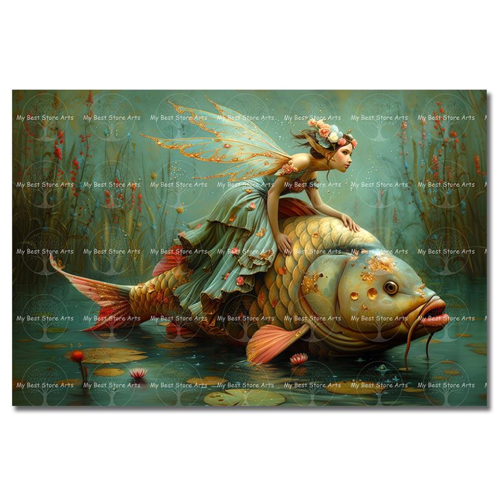 Fairy and Fish Art Print - Fantasy Cottagecore Picture, Pond Fae Poster ...