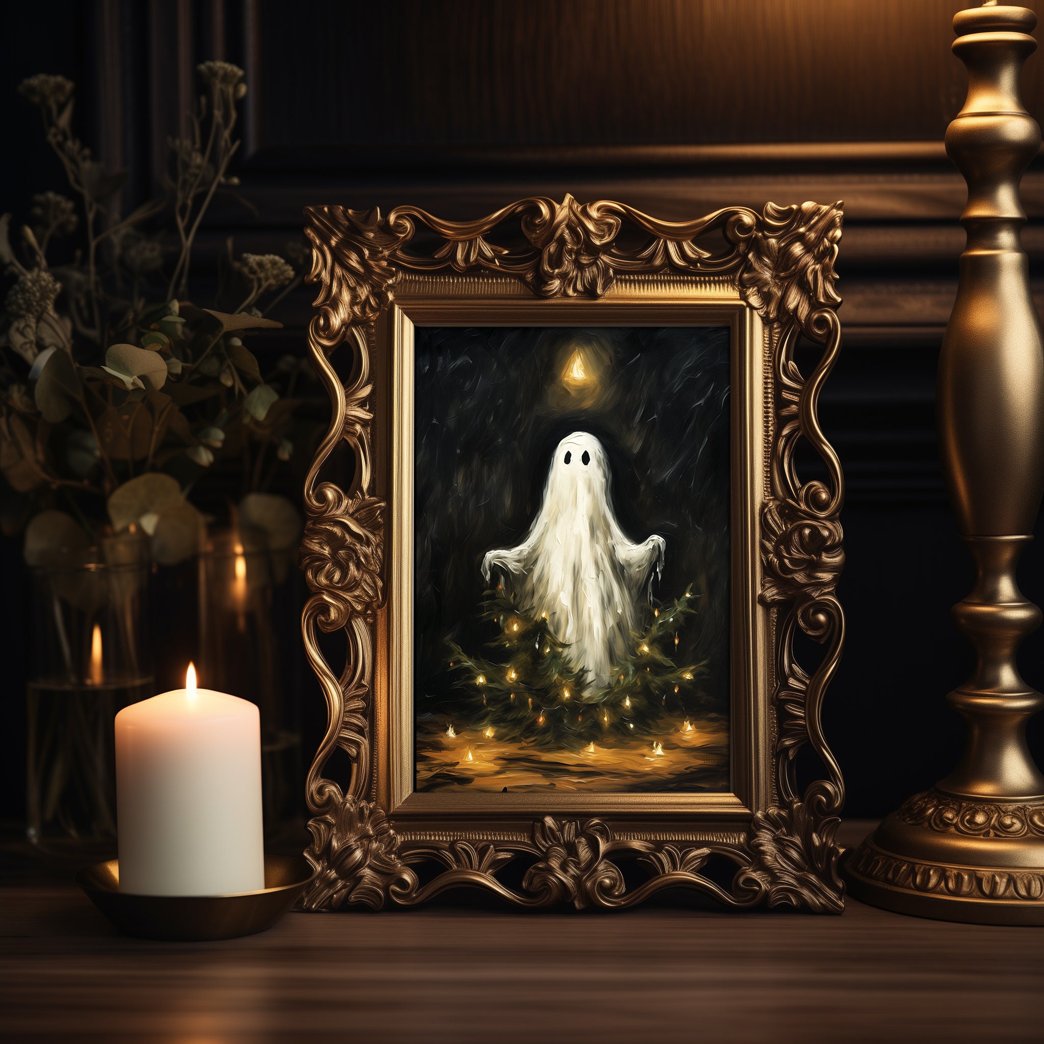 Ghost and Christmas Tree Art Print, Christmas Decor, Goblincore Themed ...