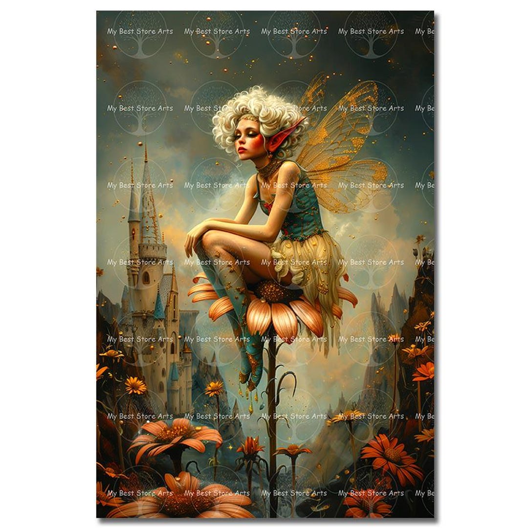 Fairy on Flower Art Print - Fantasy Fairytale Picture, Gothic Whimsical Fae Poster, Celestial ...