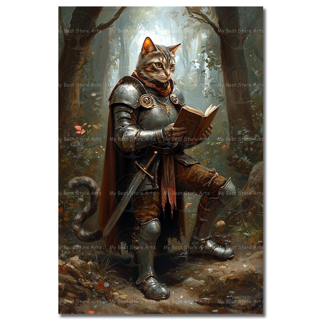 Bookish Cat Knight Art Print | Fantasy Wall Decor | Funny Fairytale ...