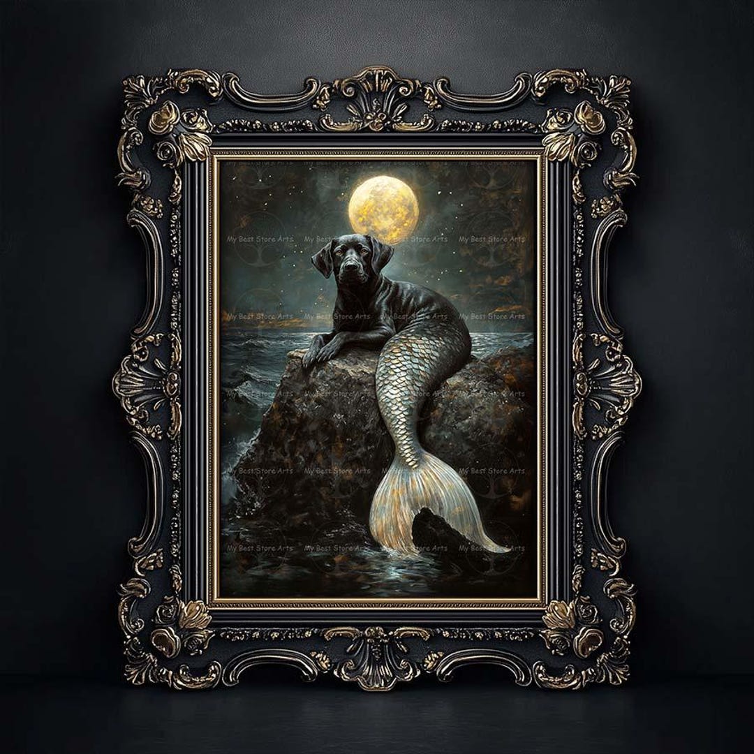 Mermaid Dog Fine Art Print - Gothic Ocean Poster, Cute Fantasy Decor ...