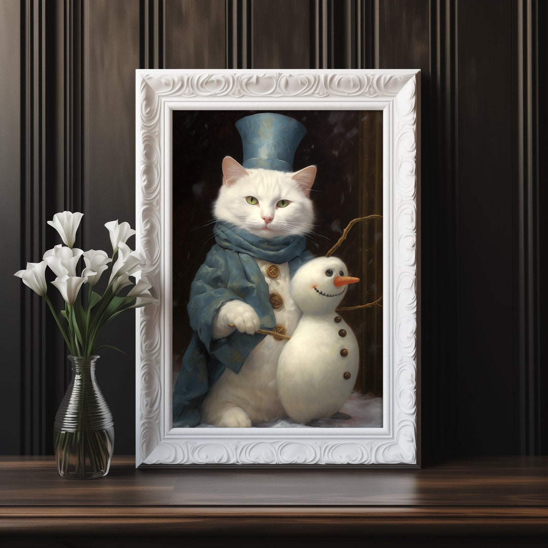 Snow Cat Art Print Winter Wonderland Decor, Cute Snowman Poster, Fancy ...
