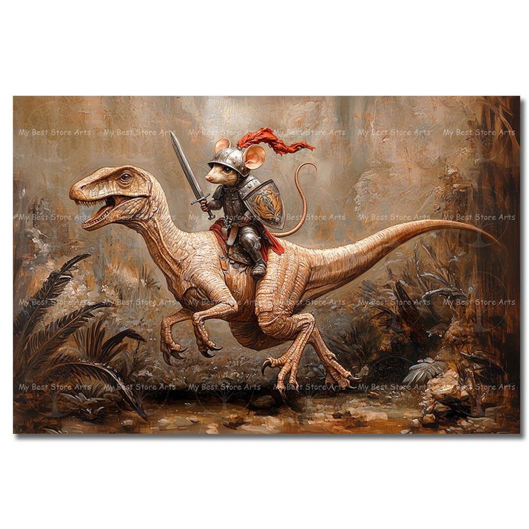 Velociraptor and Mouse Knight Art Print - Fantasy Poster, Odd Funny ...