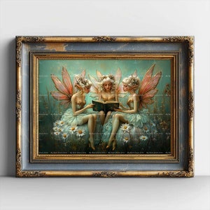 Fairies Reading Book Art Print - Fantasy, Celestial Fae Poster, Cute ...