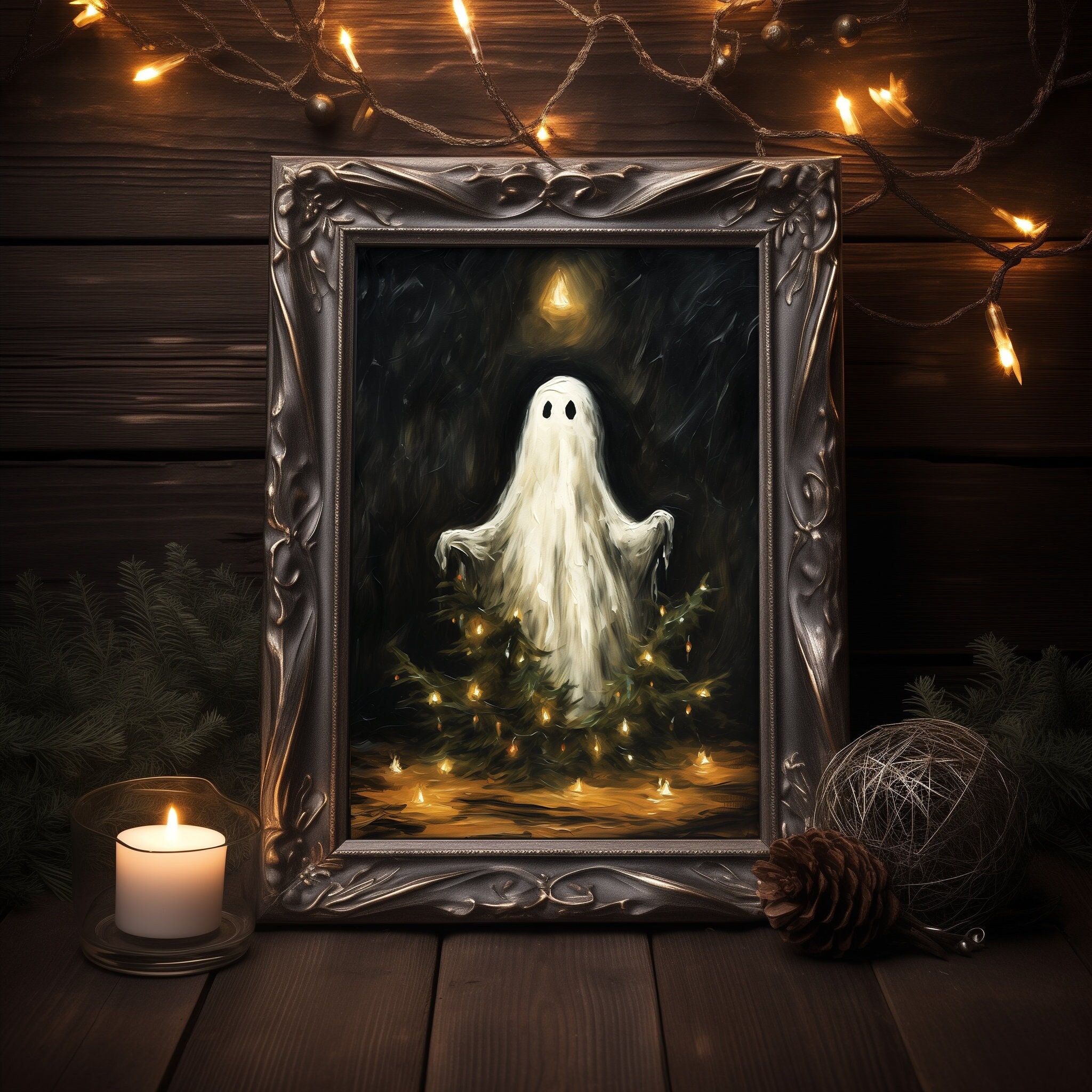 Ghost and Christmas Tree Art Print, Christmas Decor, Goblincore Themed ...