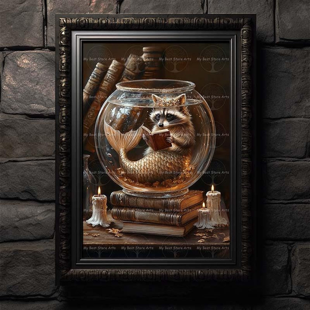 Mermaid Raccoon in Fishbowl Art Print - Fairytale Fantasy Wall Decor ...