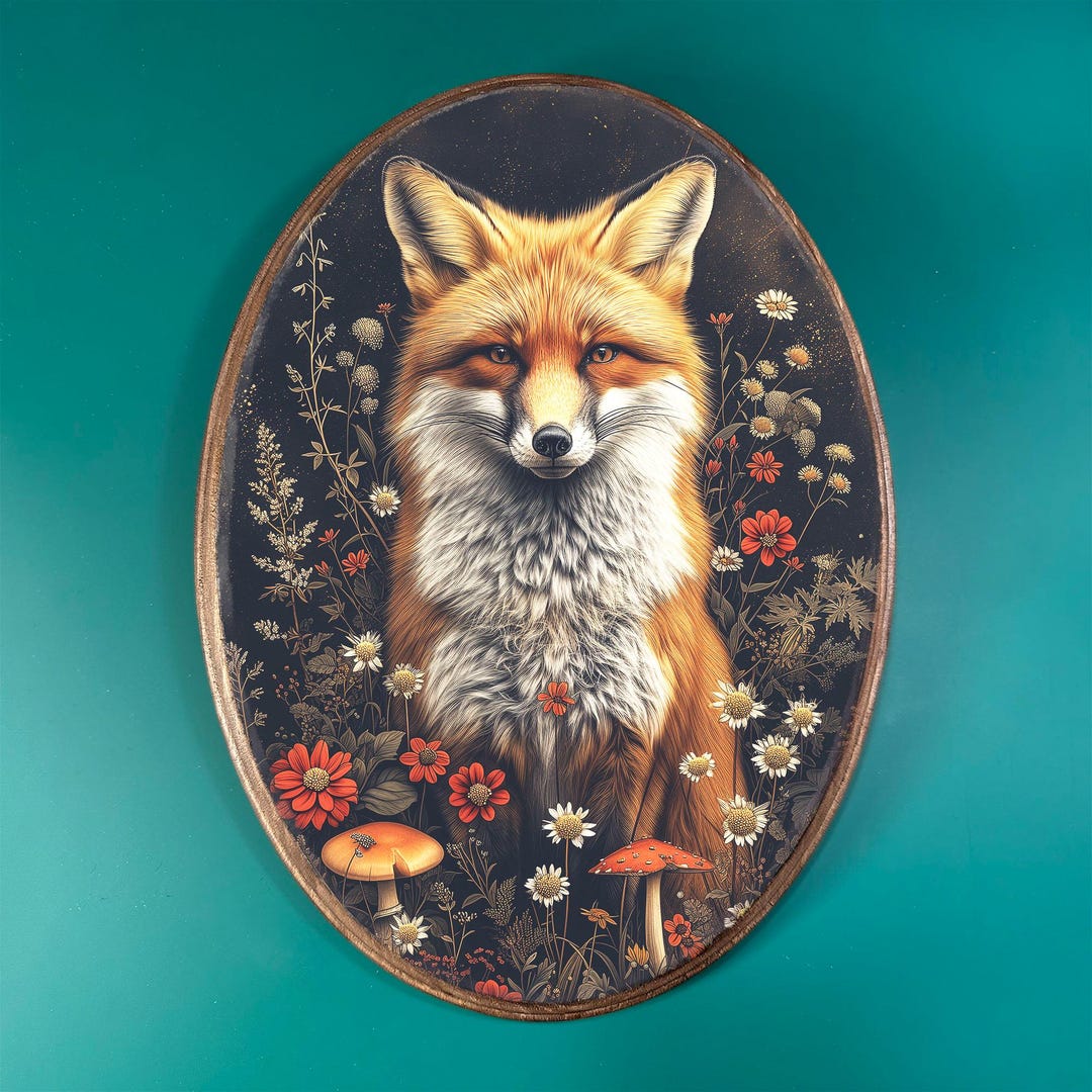 Cottagecore Fox Wooden Decor | Botanical Mushroom Wood Plaque | Moody ...