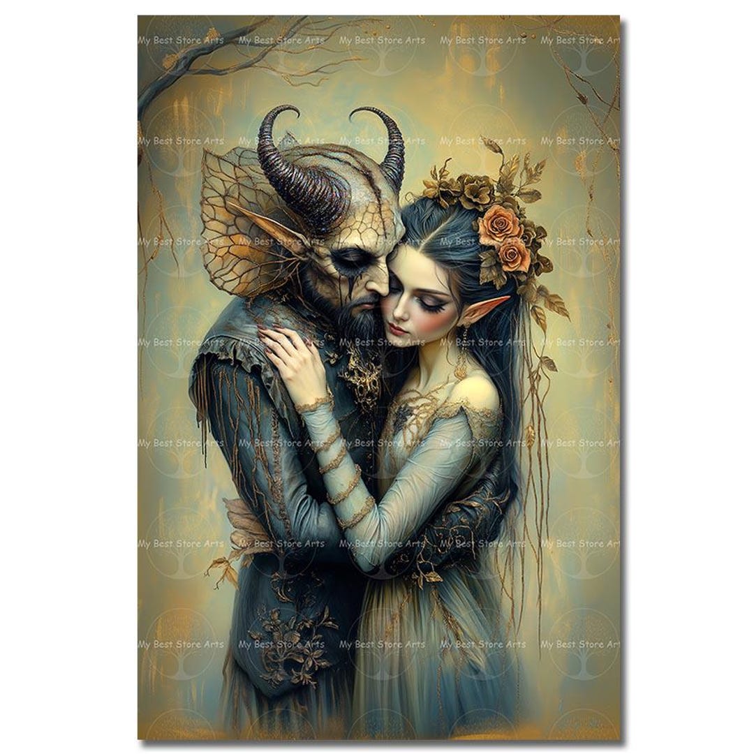Spooky Fae Couple Art Print - Fantasy Cottagecore Picture, Gothic ...