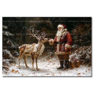 Santa Claus and Caribou Art Print - Christmas Wall Decor, Cute Yuletide ...