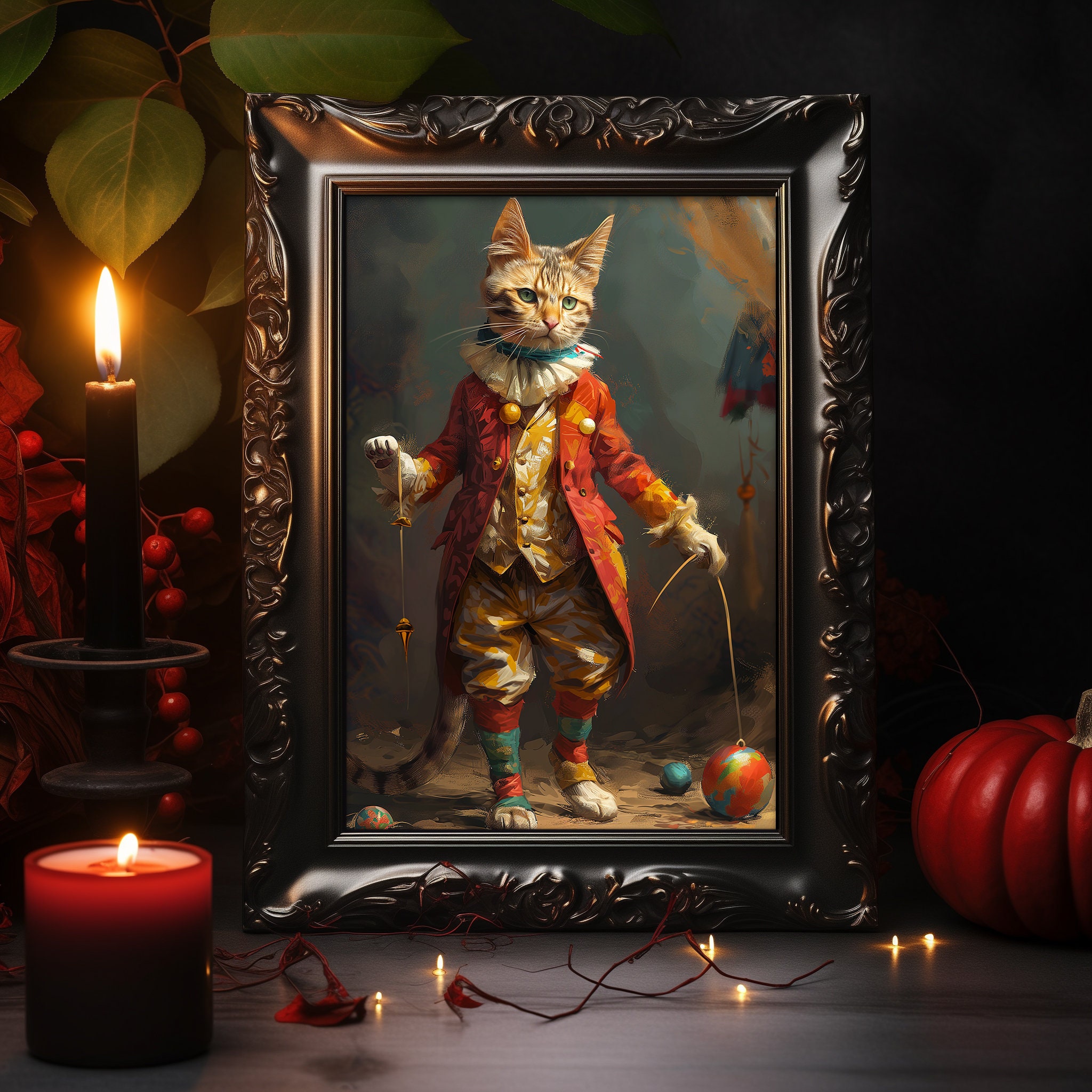 Clown Cat Art Print, Fantasy Cat Poster, Whimsigoth Wall Decor, Dark ...