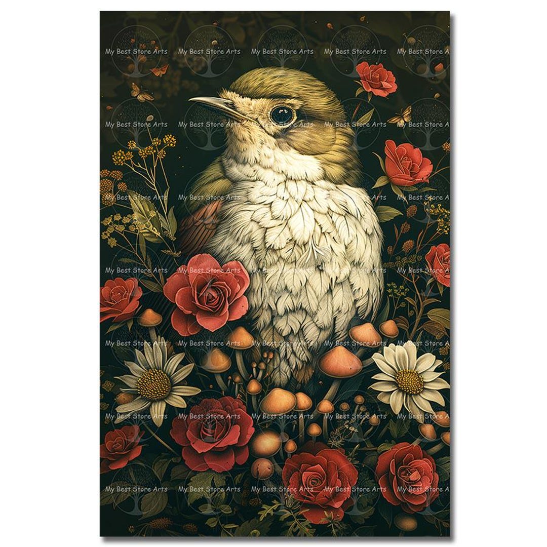 Cottagecore Bird Art Print - Botanical Poster, Cute Moody Flower Wall ...