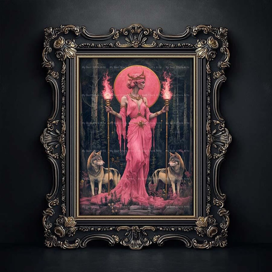 Pink Hecate Art Print Witchy Gothic Picture, Folklore Wolf Dogs Decor ...