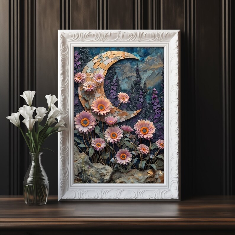 Moon and Flowers Art Print Whimsical Magical Wall Decor, Fantasy ...