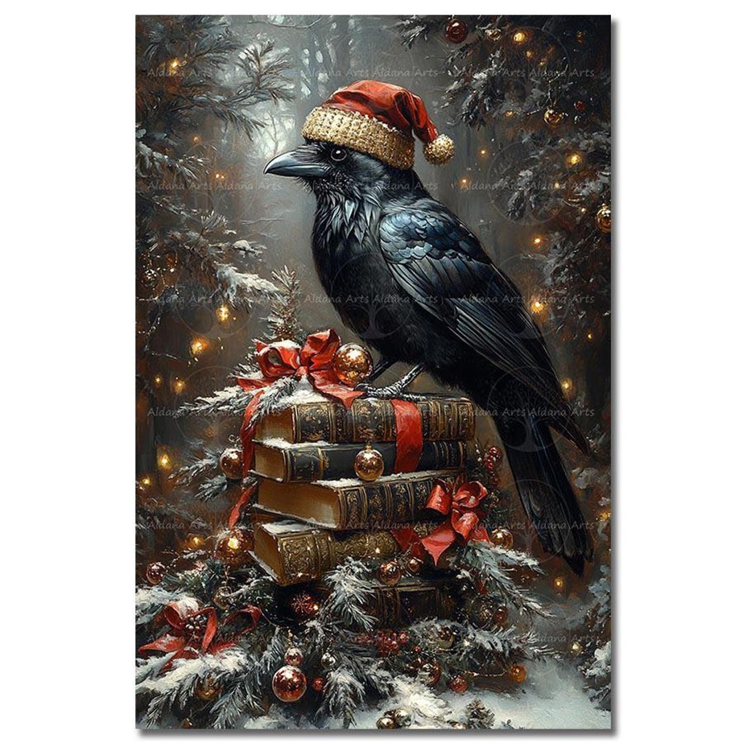 Bookish Christmas Crow Art Print - Cute Gothic Animal Wall Decor ...