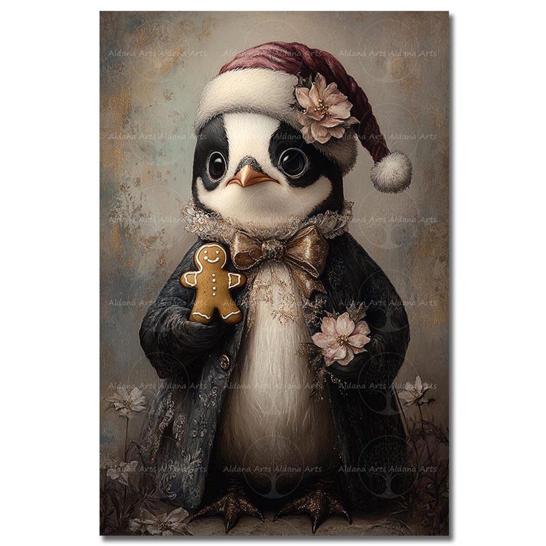 Penguin and Gingerbread Man Art Print - Christmas Wall Decor, Cute ...
