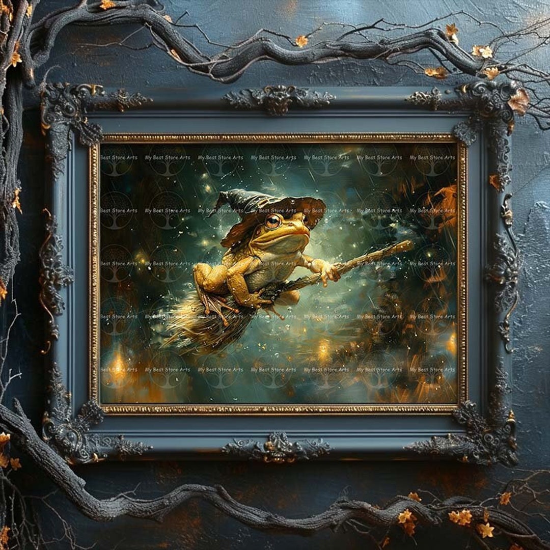 Witch Frog on Broom Art Print - Witchy Occult Picture, Cute Moody Wall ...