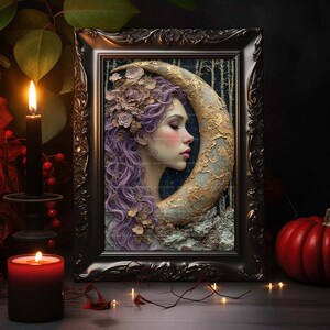 Lady and Moon Art Print - Witchy Fantasy Wall Decor, Gothic Whimsical ...