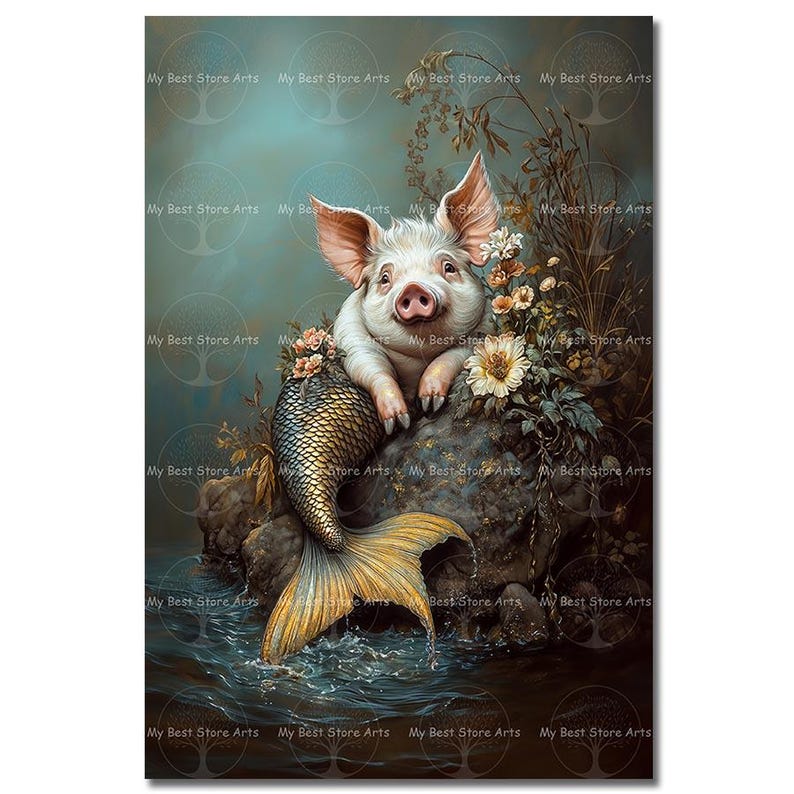 Cute Mermaid Pig Art Print - Ocean Poster, Cute Fantasy Decor, Elegant ...