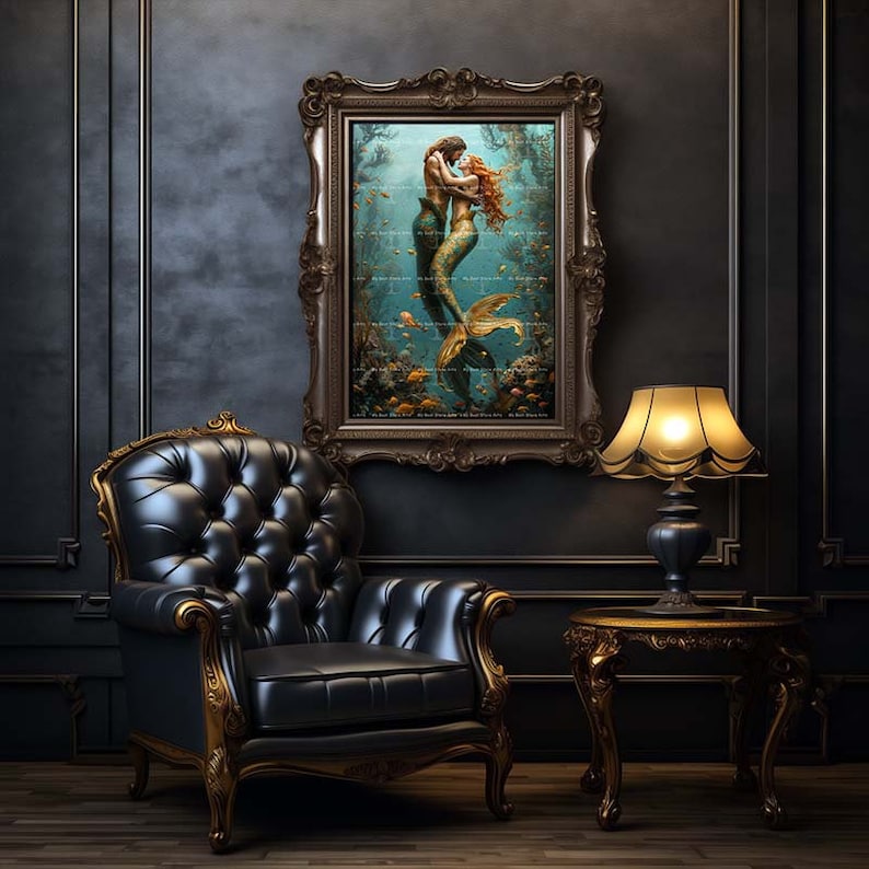 Siren and Merman Art Print - Romance Love Poster, Cute Siren Underwater ...