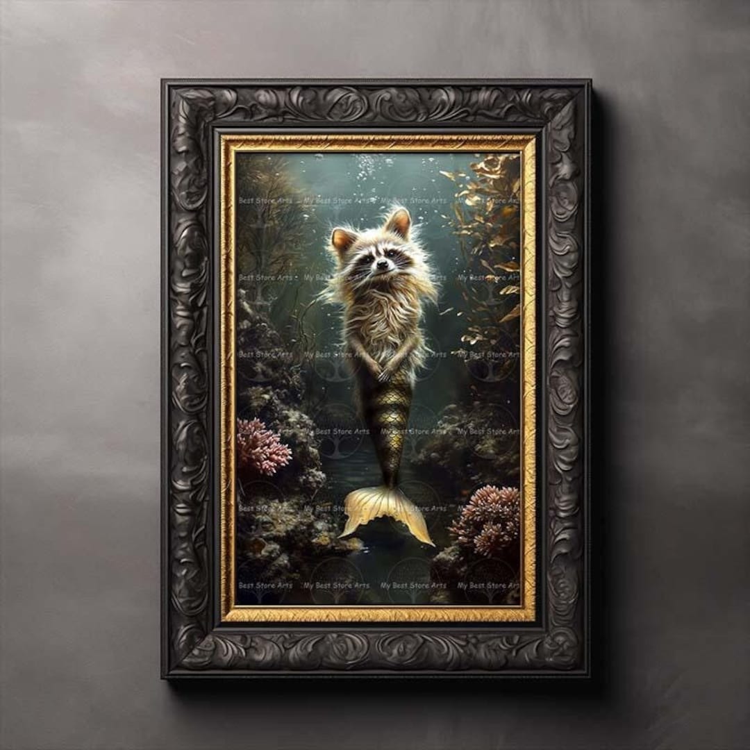 Cute Mermaid Raccoon Fine Art Print - Ocean Poster, Cute Fantasy Decor ...