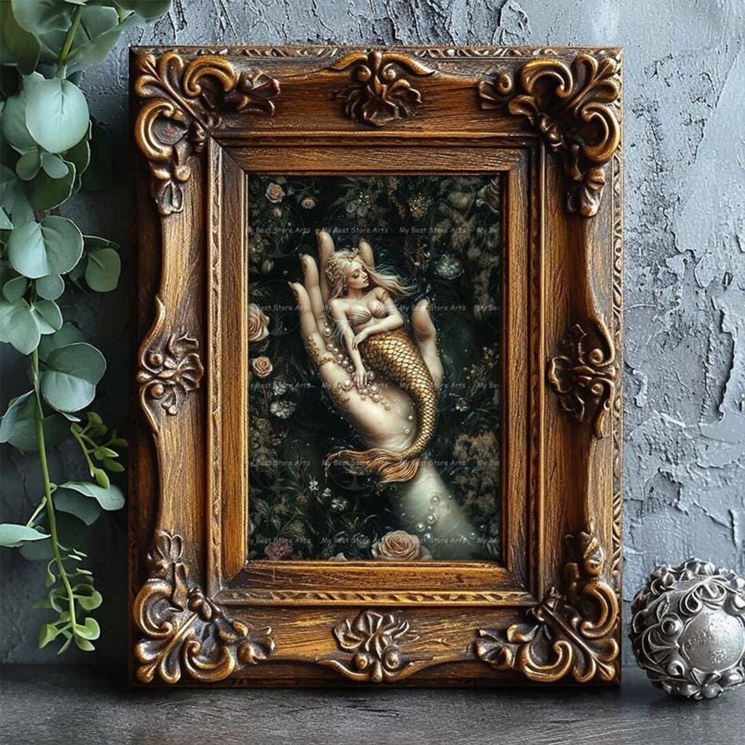 Holding Golden Mermaid Art Print - Fantasy Victorian Pearls Hand ...