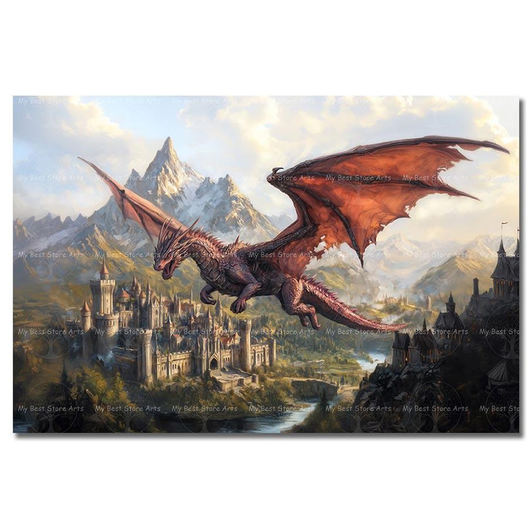Fantasy Dragon Art Print - Flying Dragon Decor, Fairytale Poster ...