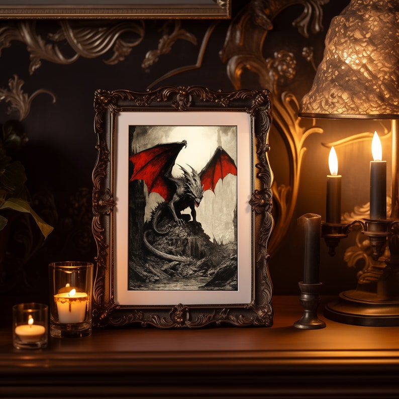 Vampiric Dragon Print Dark Devilish Dragon Art Vintage Dragon Painting ...
