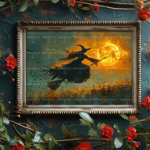 Flying Witch on Broom Art Print - Witchy Occult Picture, Cute Folklore ...