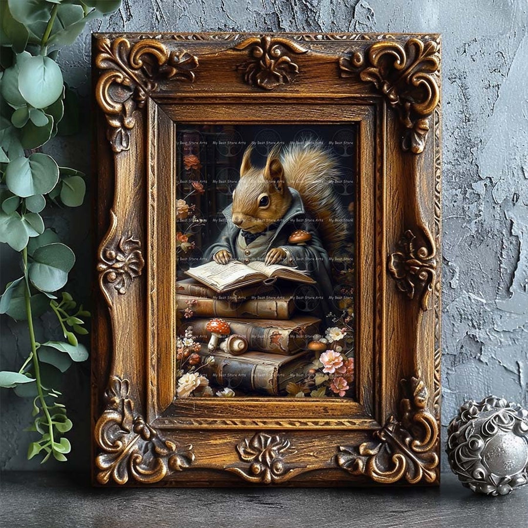Library Squirrel Art Print - Whimsical Book Poster, Cute Wildlife Wall ...