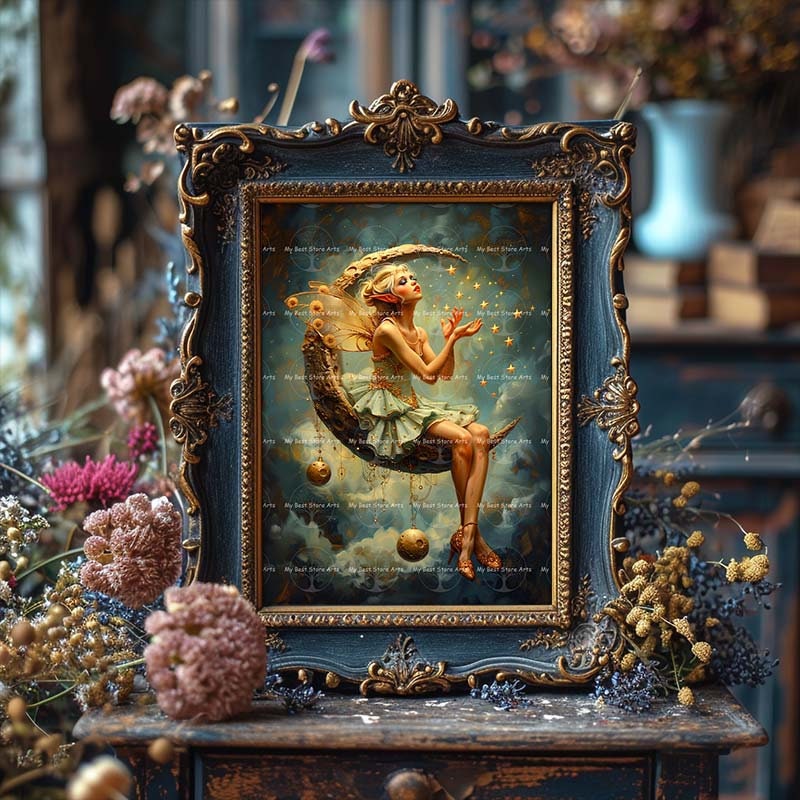 Fairy on Moon Art Print - Fantasy Picture, Surreal Fae Poster ...