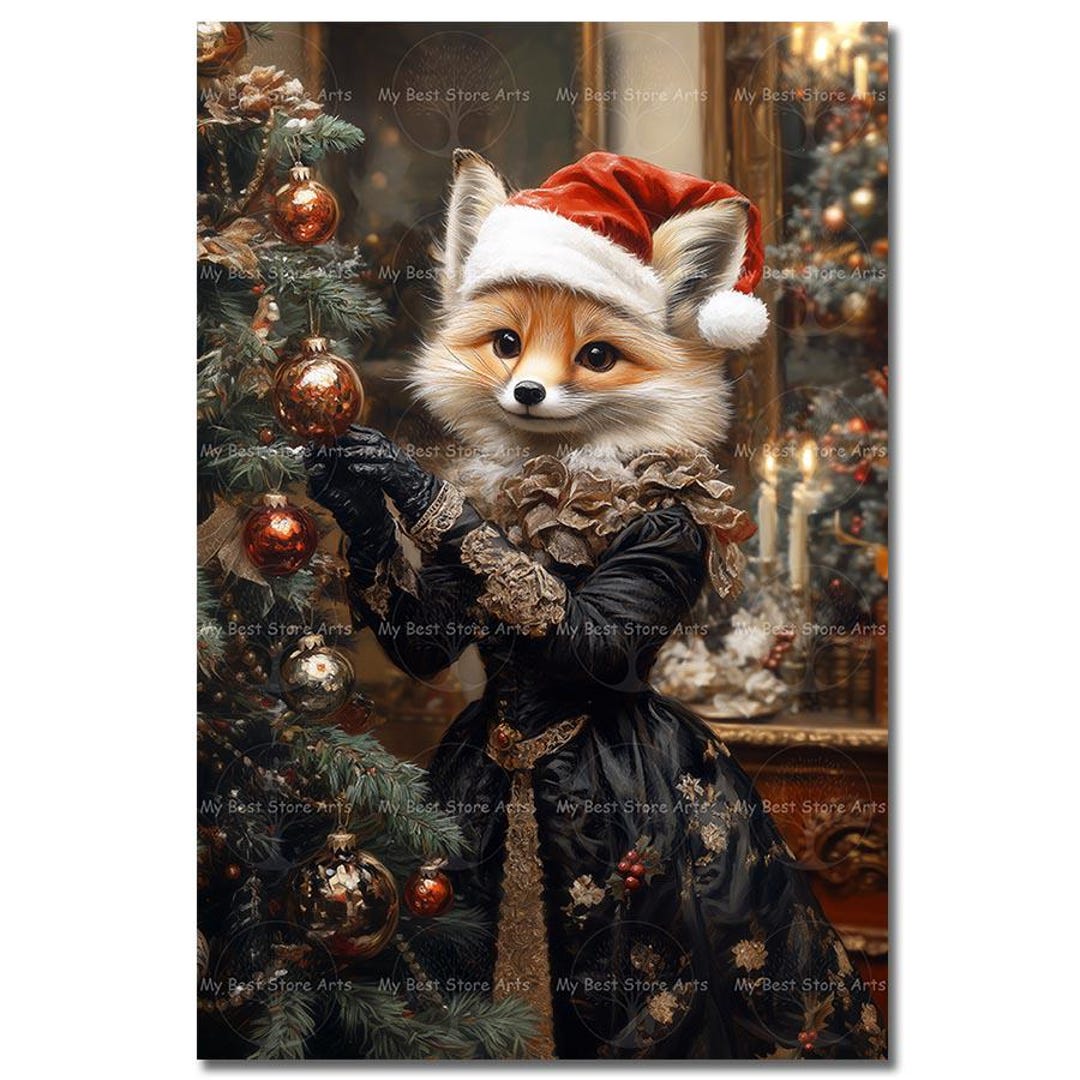 Christmas Decorating Fox Art Print - Cute Animal Wall Decor, Yuletide ...