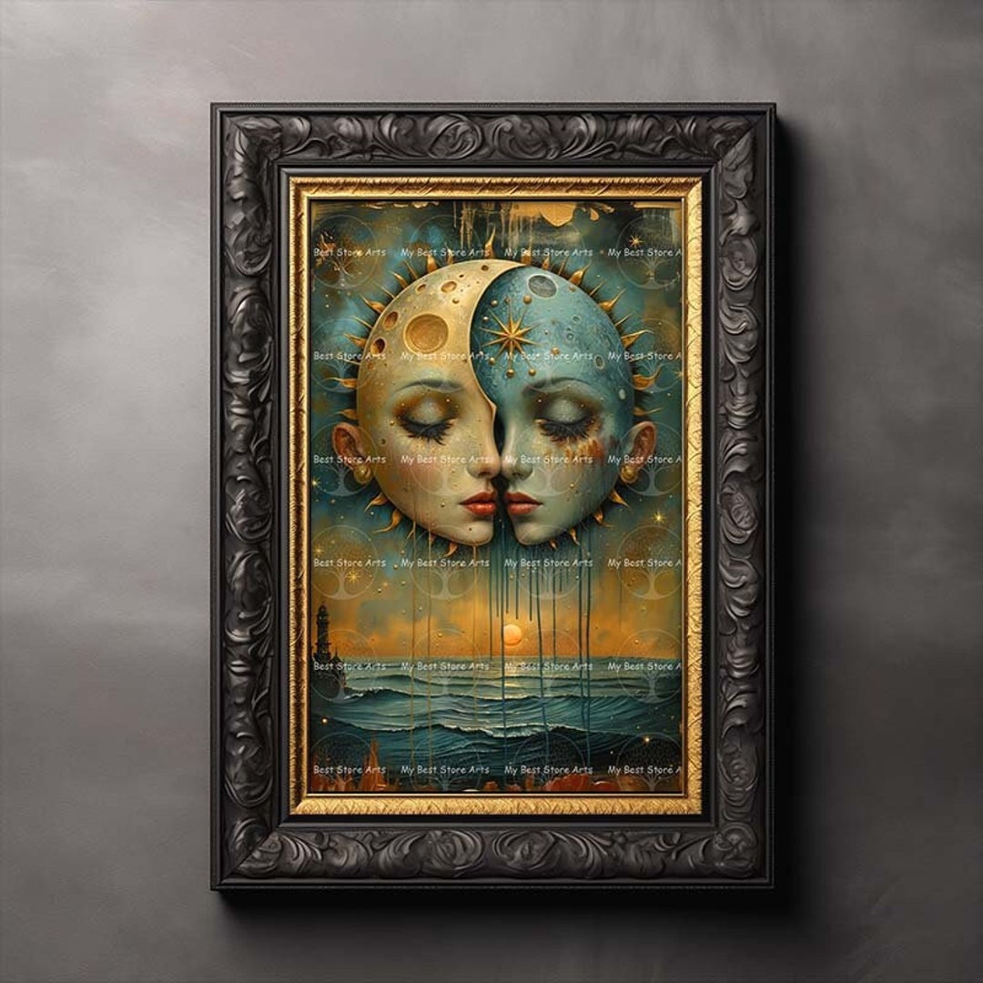 Surreal Celestial Faces Art Print Gothic Fantasy Decor, Moon Sun Poster ...