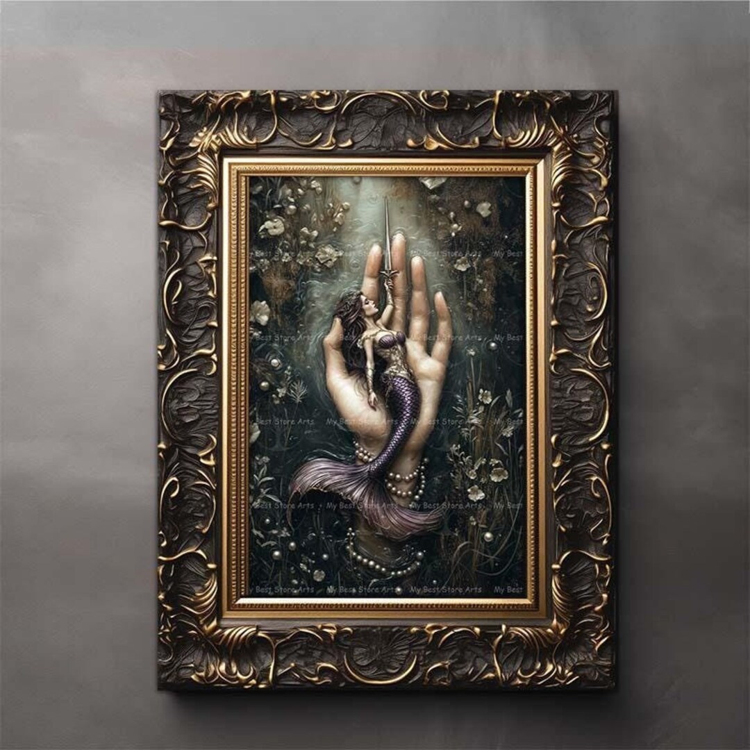 Purple Mermaid on Hand Art Print Fantasy Victorian Picture, Cute Moody ...