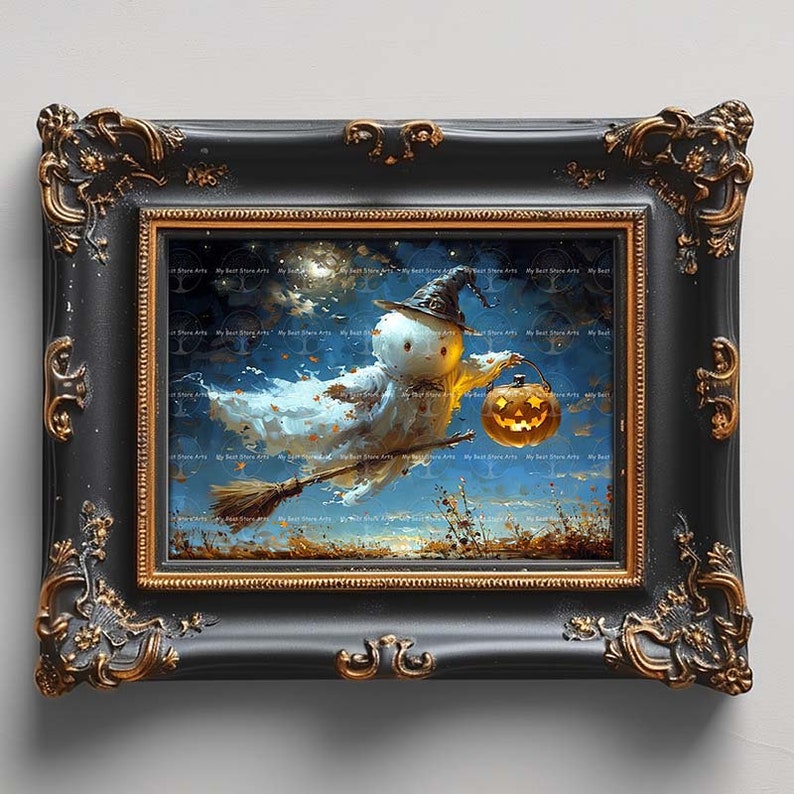 Halloween Ghost on Broom Art Print - Witchy Dark Academia, Cute Home ...