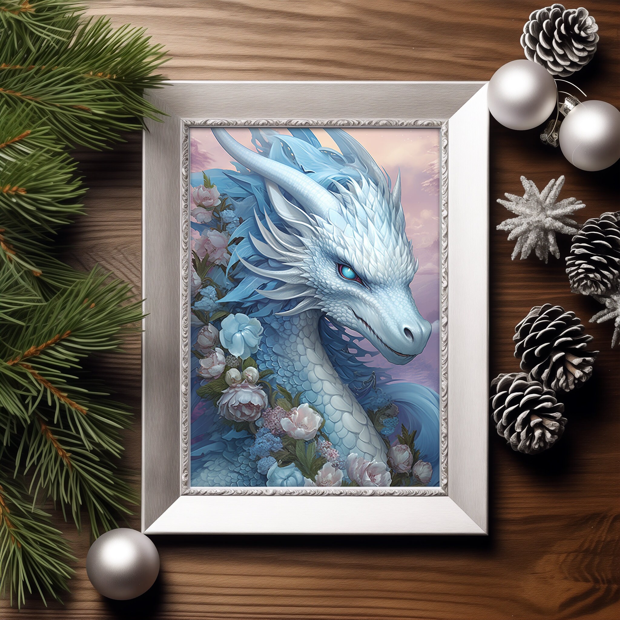 Light Blue Ice Dragon Art Print, Celestial Dragon Poster, Fantasy ...
