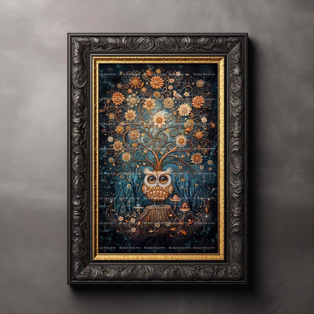 Cute Folklore Owl Art Print Botanical Poster, Flower Wall Decor ...